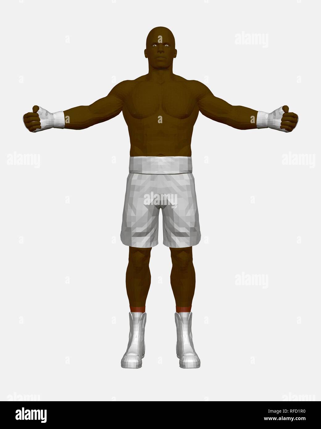 The black boxer stands in white shorts, sneakers and arms with arms ...