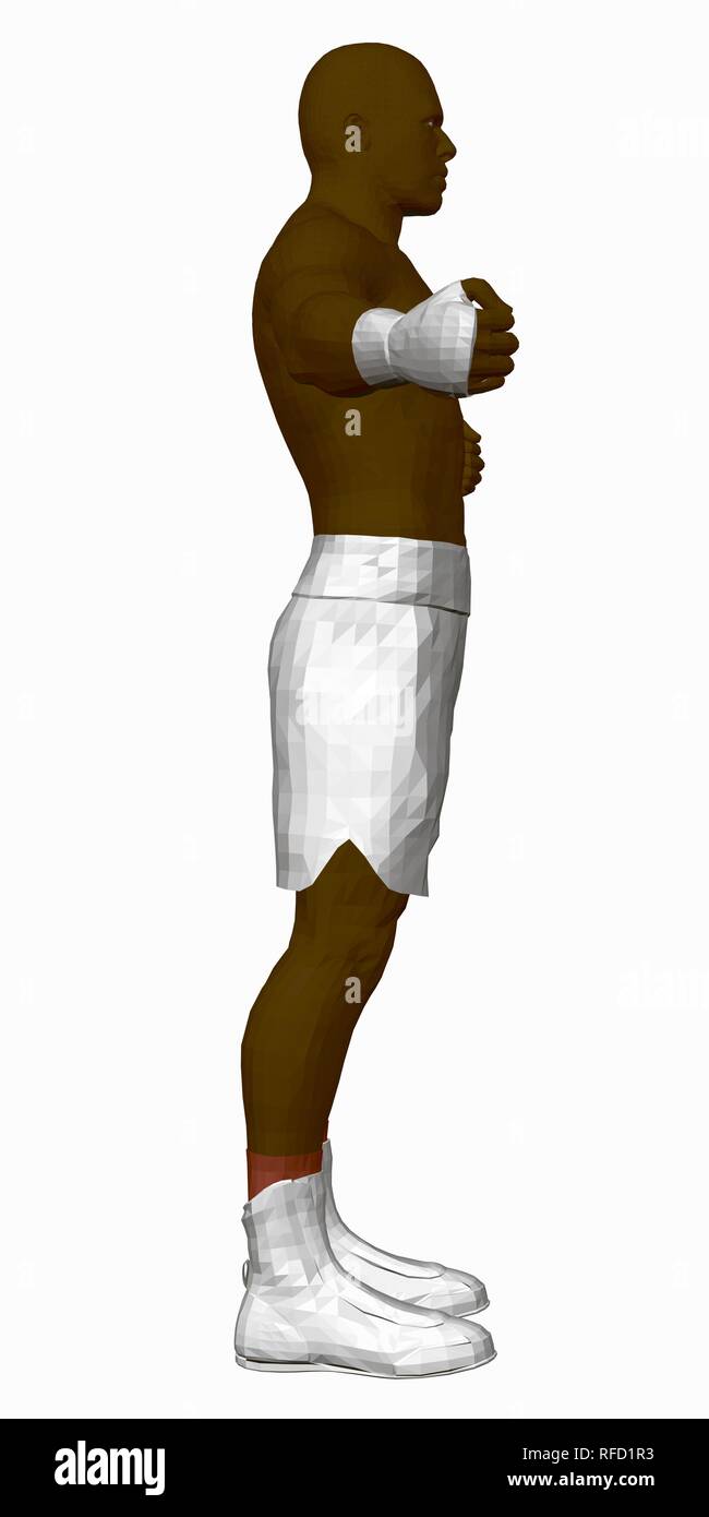 The black boxer stands in white shorts, sneakers and arms with arms ...