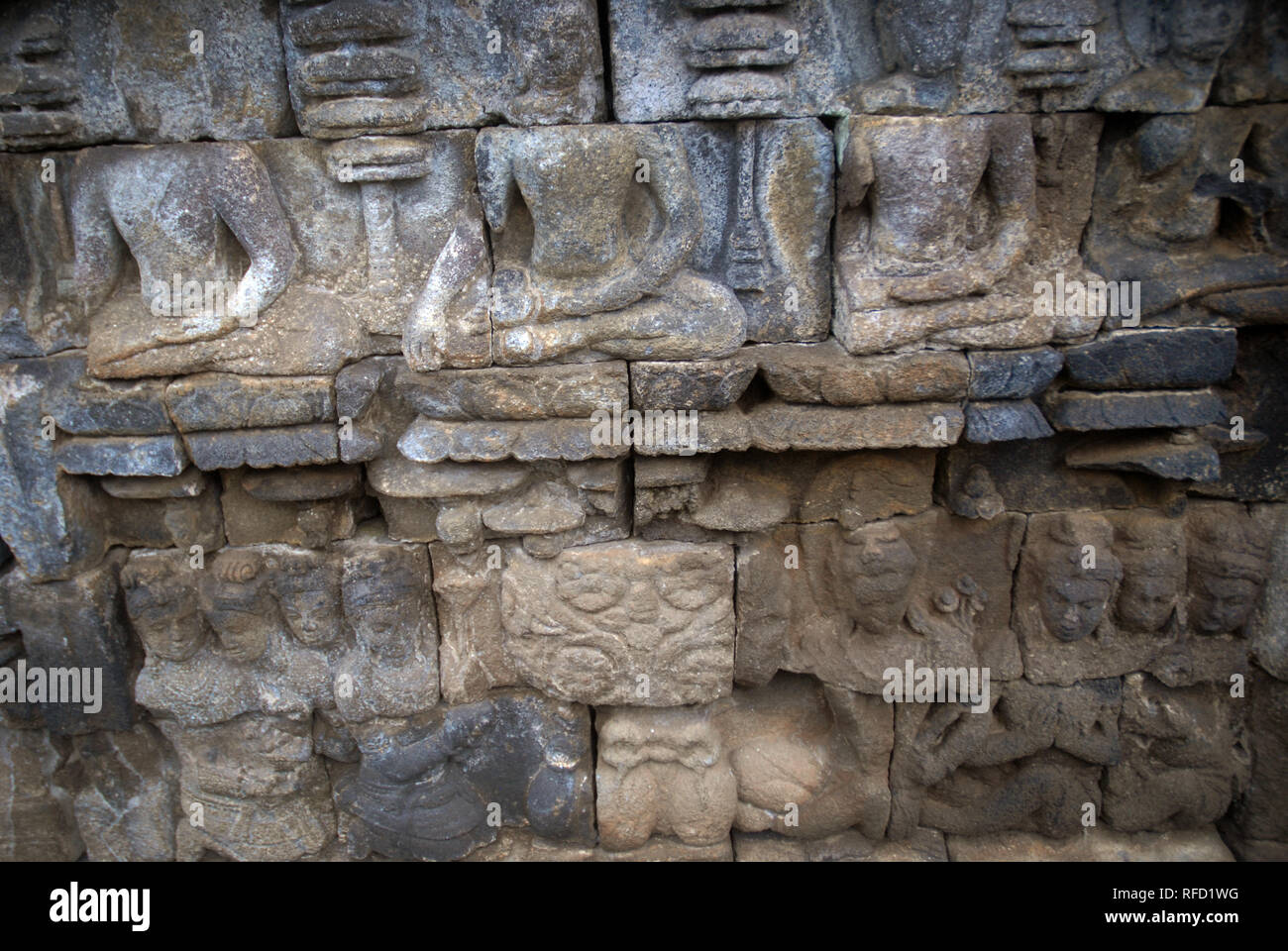 Stone carvings at Borobudur Buddhist Temple, Muntilan, Central Java ...