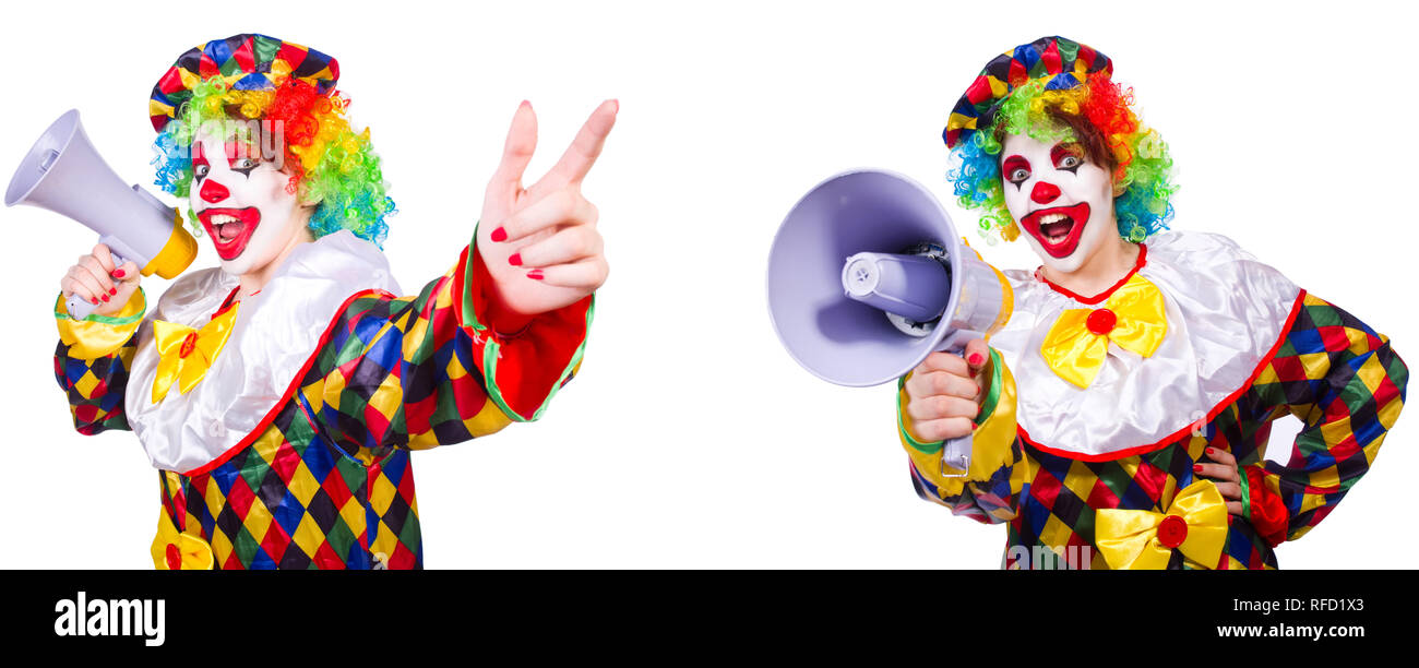 Funny male clown with megaphone Stock Photo - Alamy