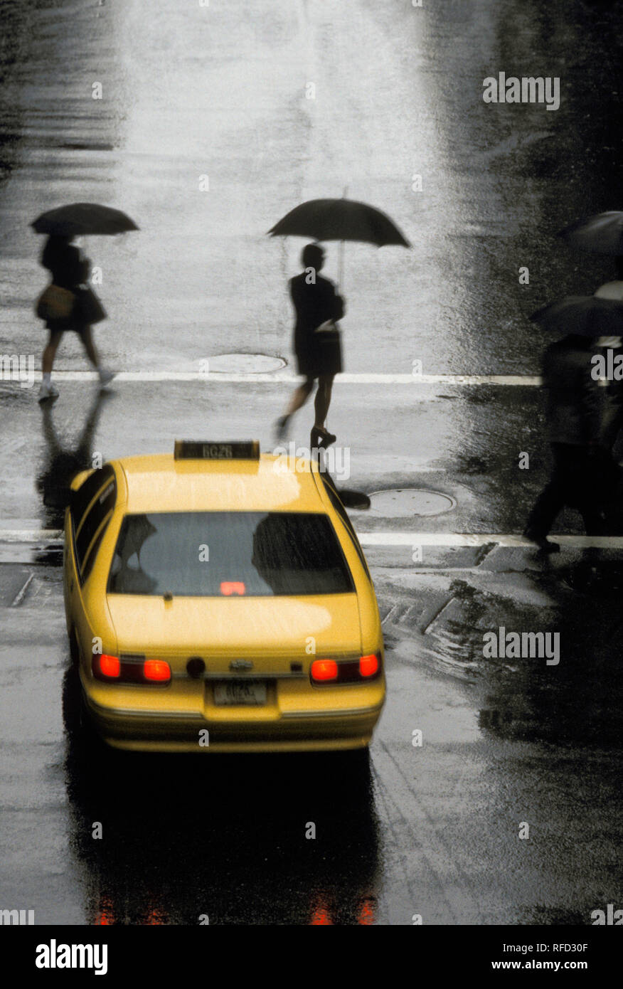 Pedestrians crossing under Brollies on a rainy street in New York City ...