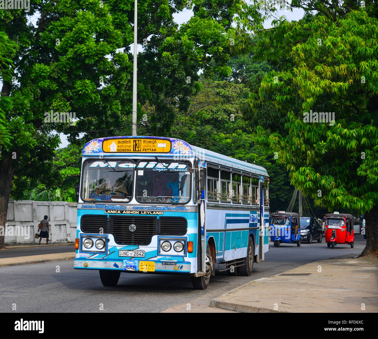 Galle, Sri Lanka - Dec 22, 2018. Local bus running on street in Galle ...