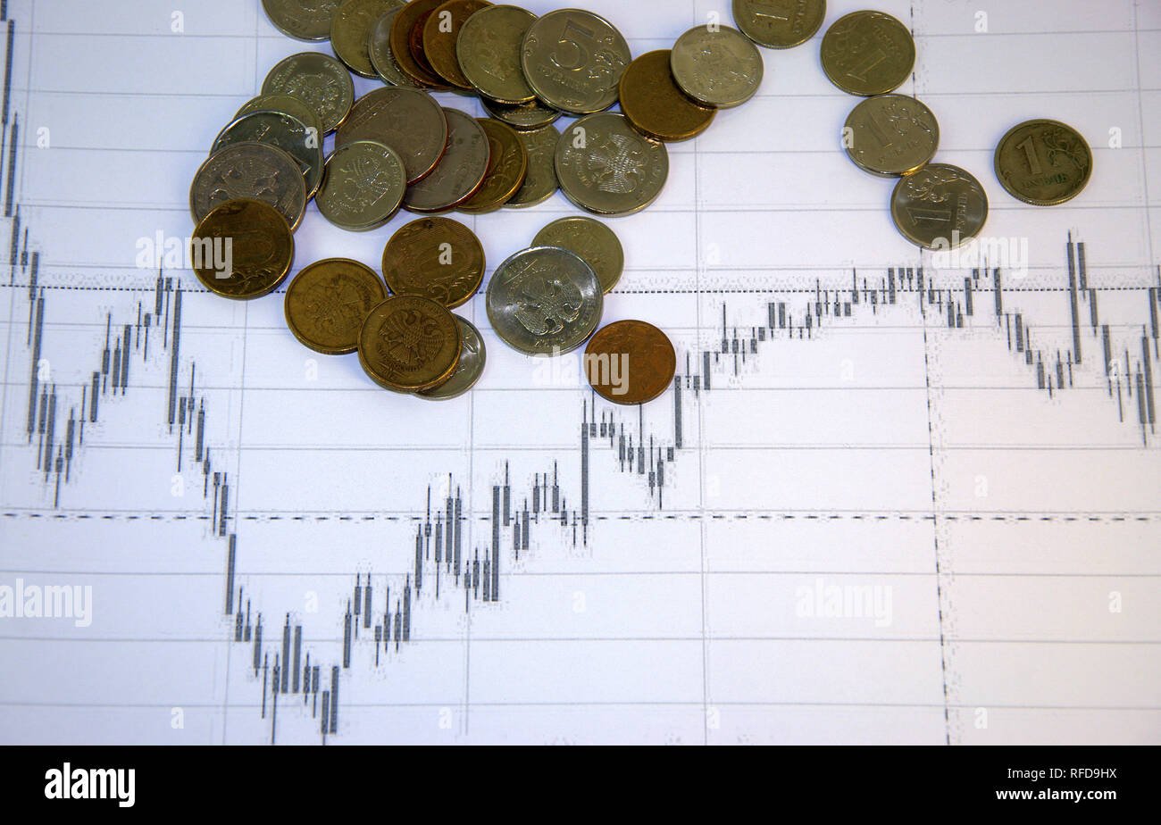 Coins scattered on the growth chart. Close up Stock Photo - Alamy