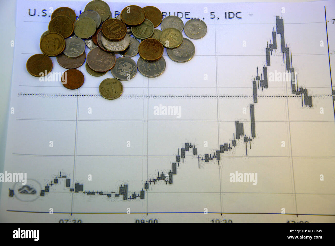 Coins scattered on the growth chart. Close up Stock Photo - Alamy