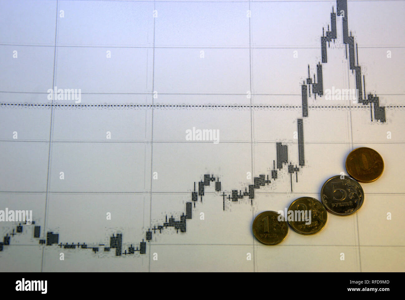 Coins scattered on the growth chart. Close up Stock Photo - Alamy