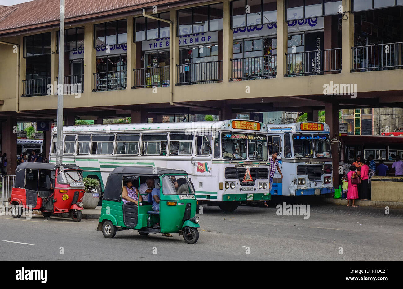 Galle, Sri Lanka - Dec 22, 2018. People and vehicles at main bus ...
