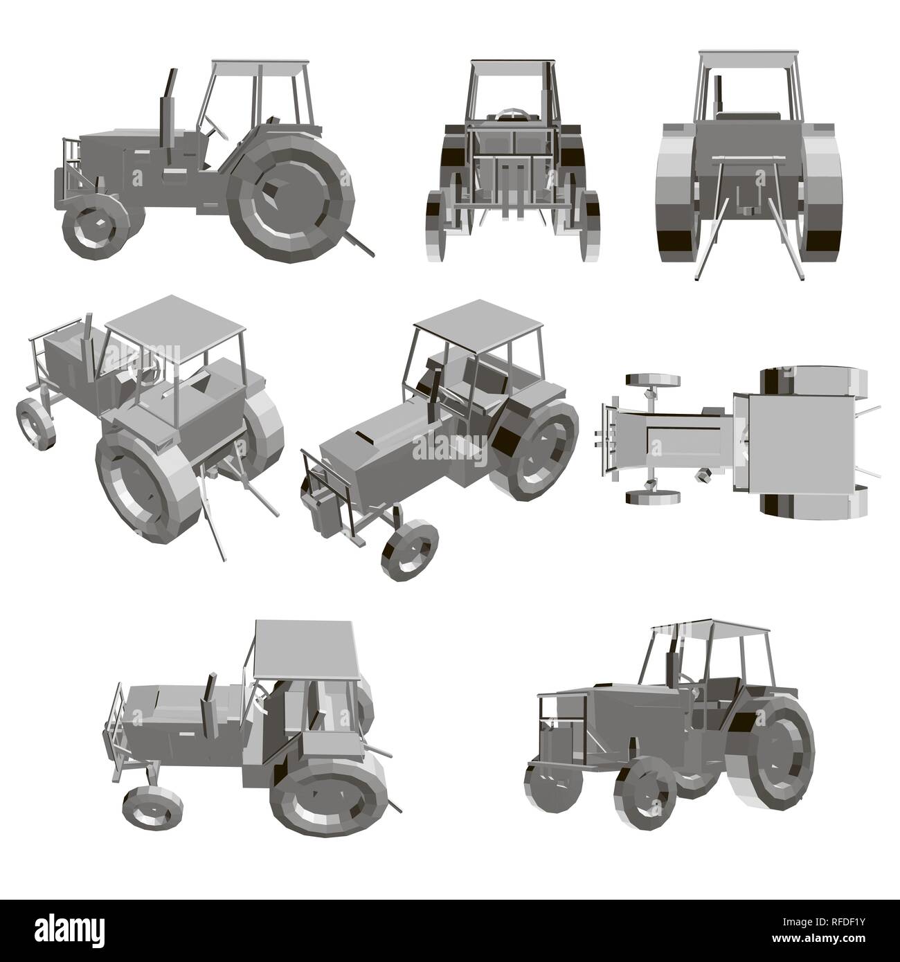 Set with a tractor. Model of a detailed tractor in different positions ...