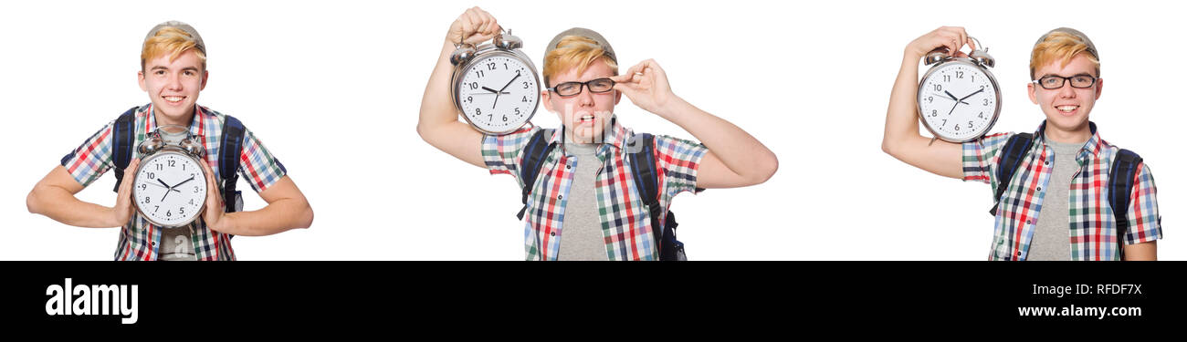 Young boy with alarm-clock in time management concept Stock Photo - Alamy
