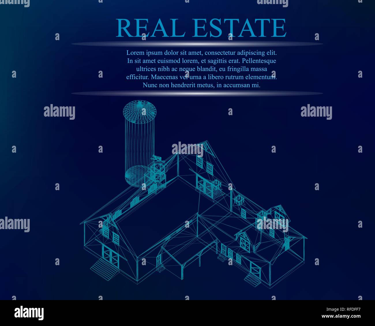 Polygonal building. Wireframe of the polygonal building on a dark blue ...