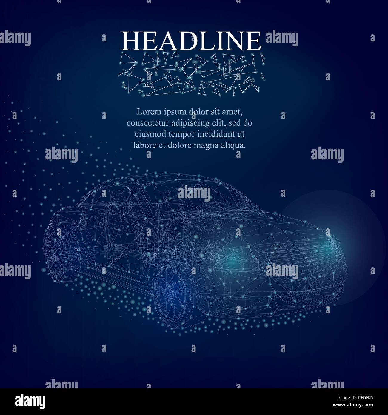 Polygonal machine. Detailed car wireframe on a dark blue background ...