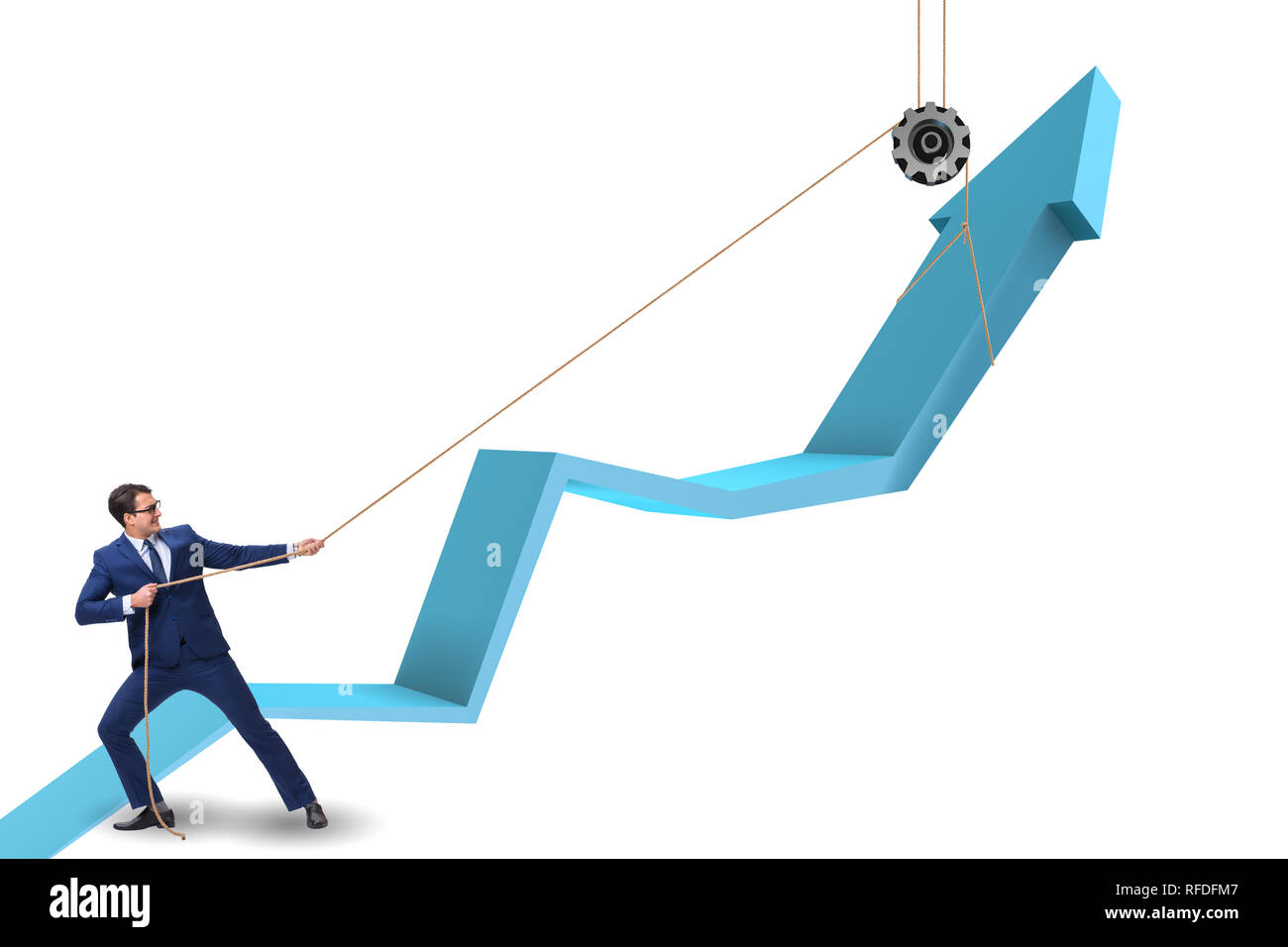 Businessman supporting economic growth by pulling rope Stock Photo - Alamy