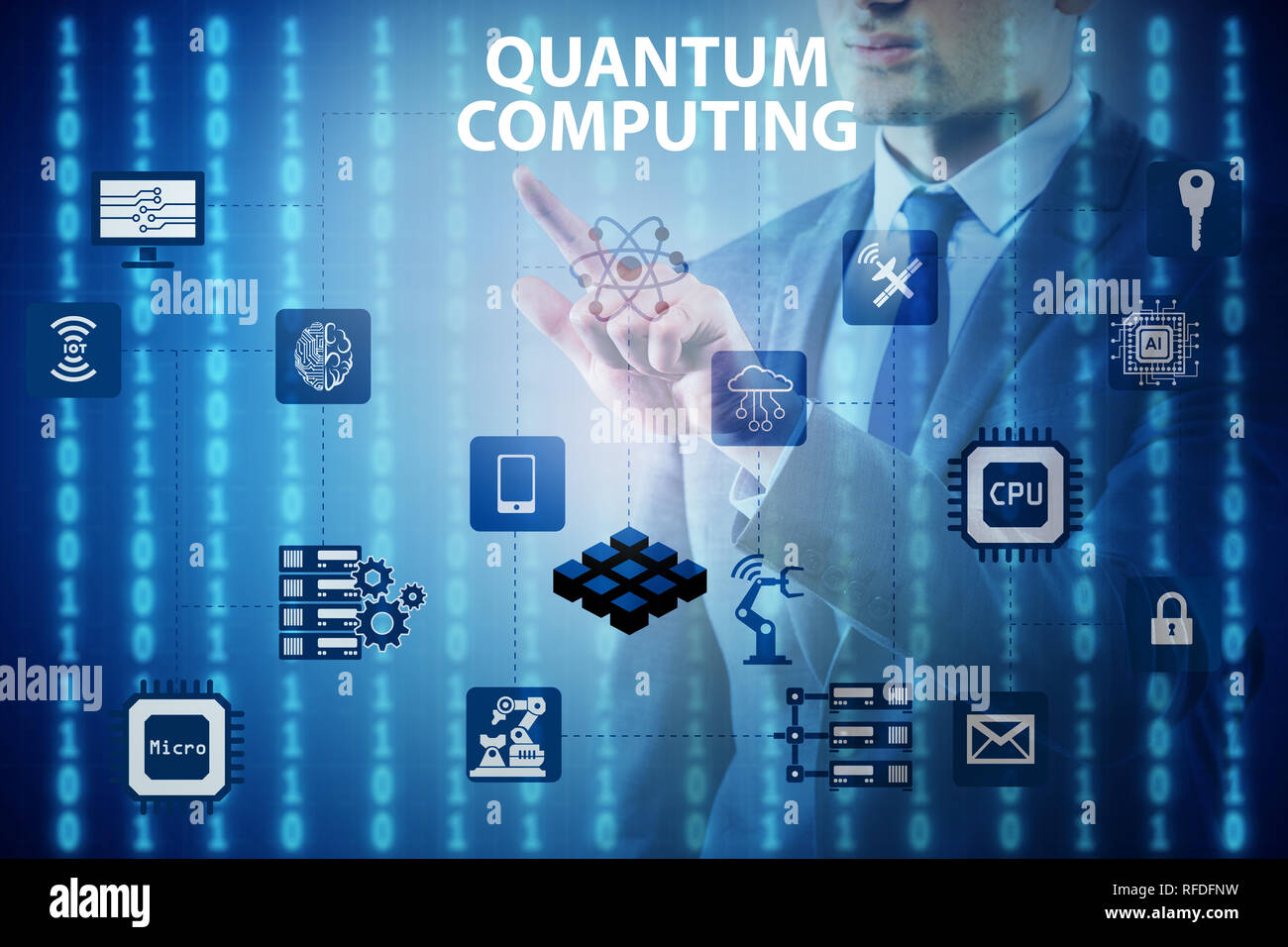 Businessman pressing virtual button in quantum computing concept Stock ...