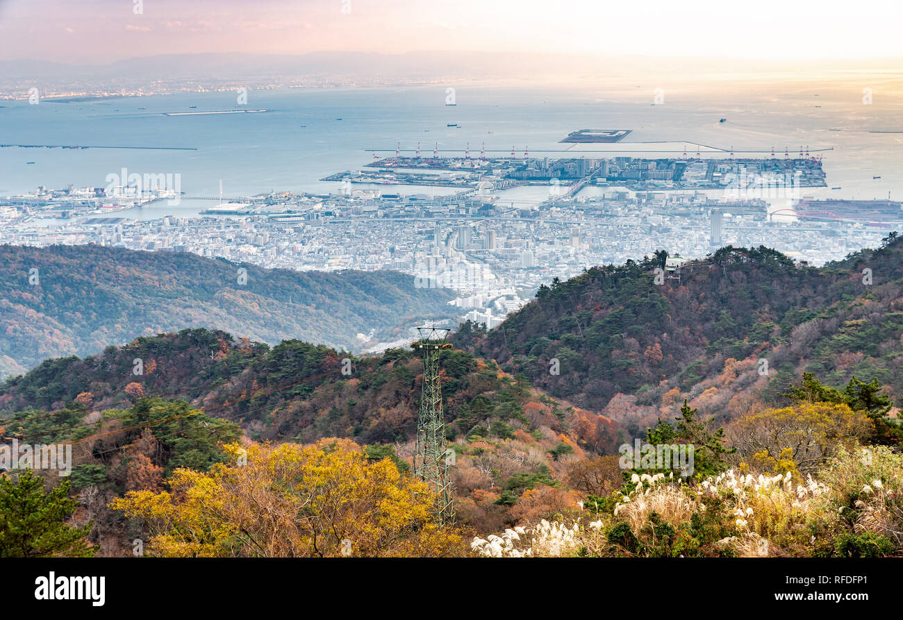 Port of Kobe from Rokko mountain aerial view point covered by changing ...