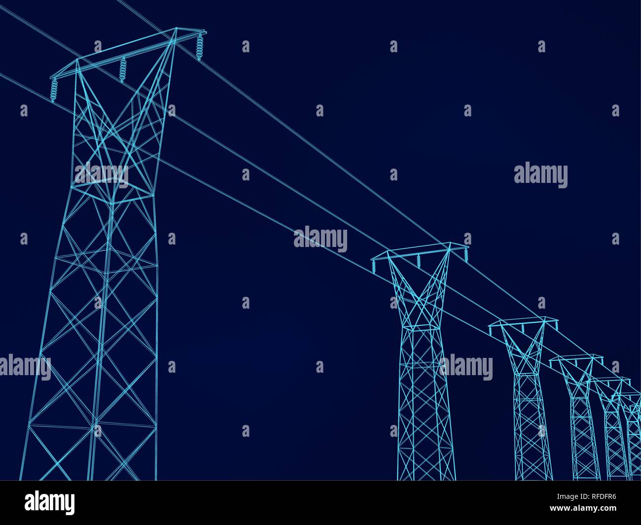 Background with wireframe electric tower and electrical wires. Dark ...