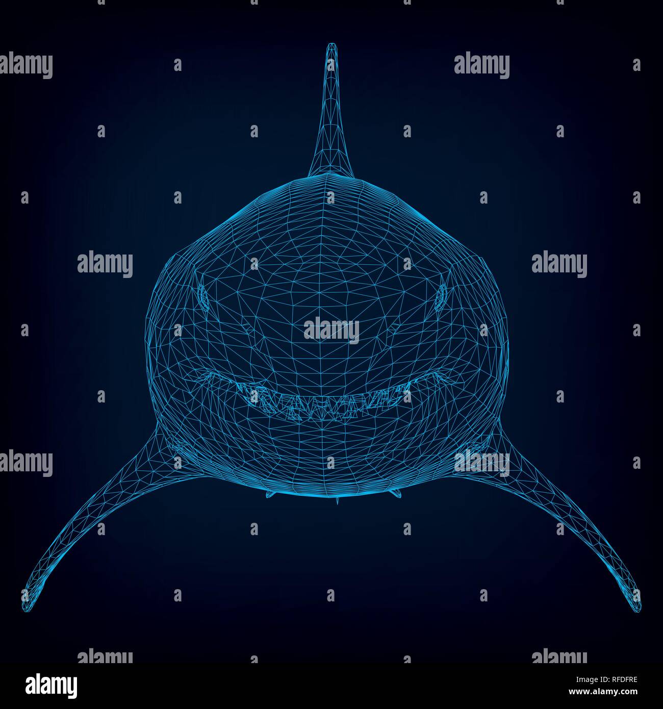 Polygonal shark wireframe model. Front view. Dark blue background ...