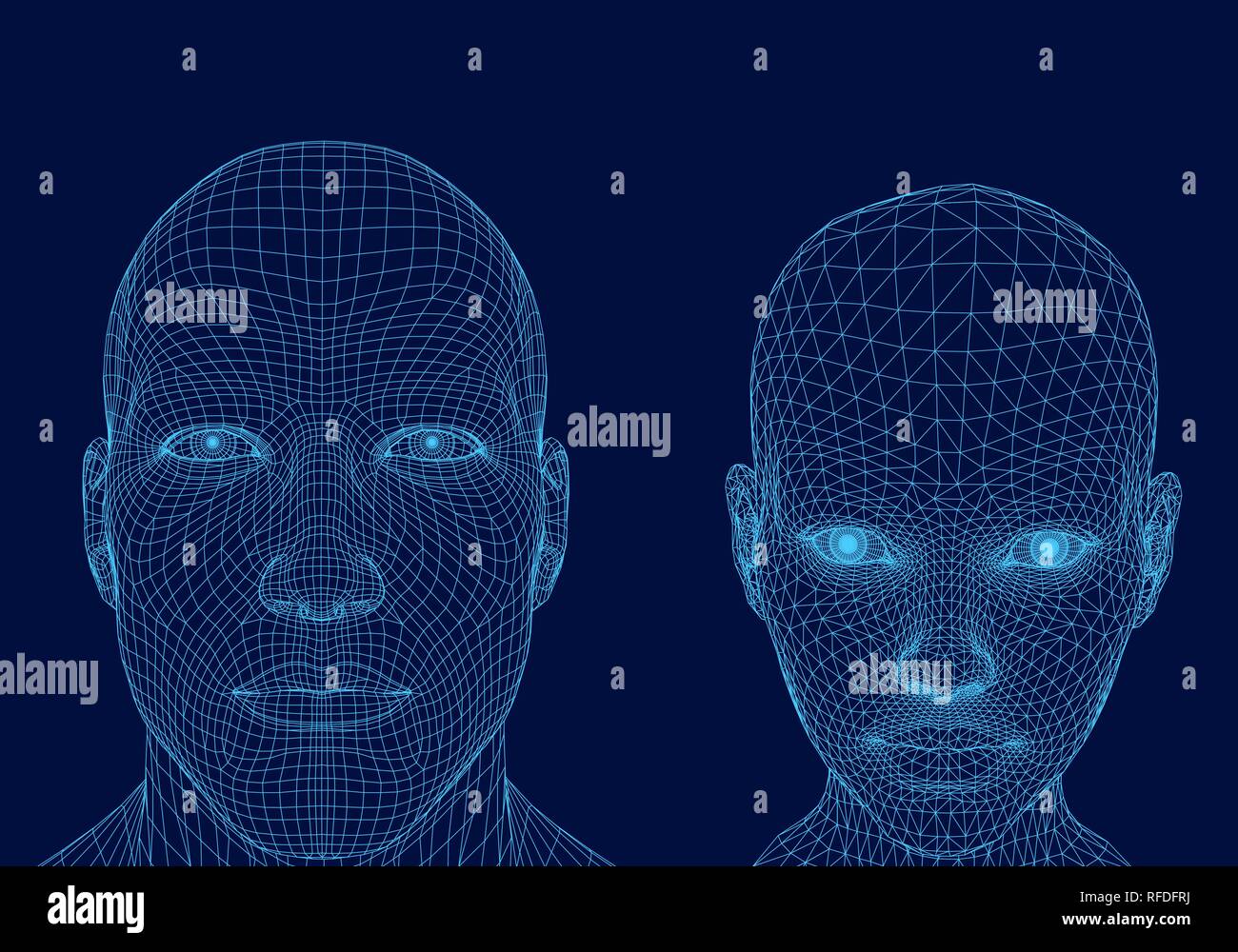 Polygonal head of man and girl. Wireframe head human. 3D. Dark blue ...