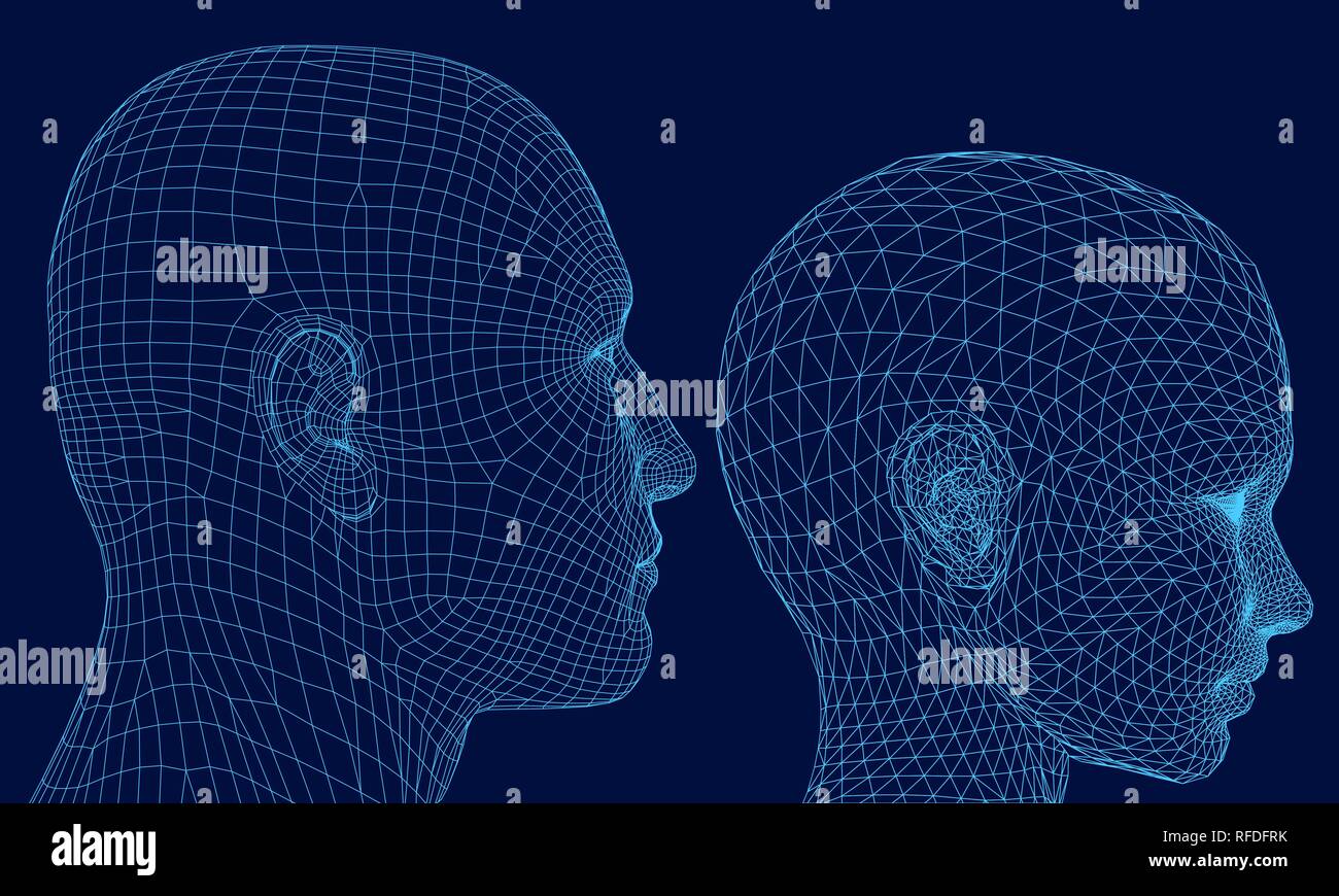 Polygonal head of man and girl. Wireframe head human. 3D. Side view ...