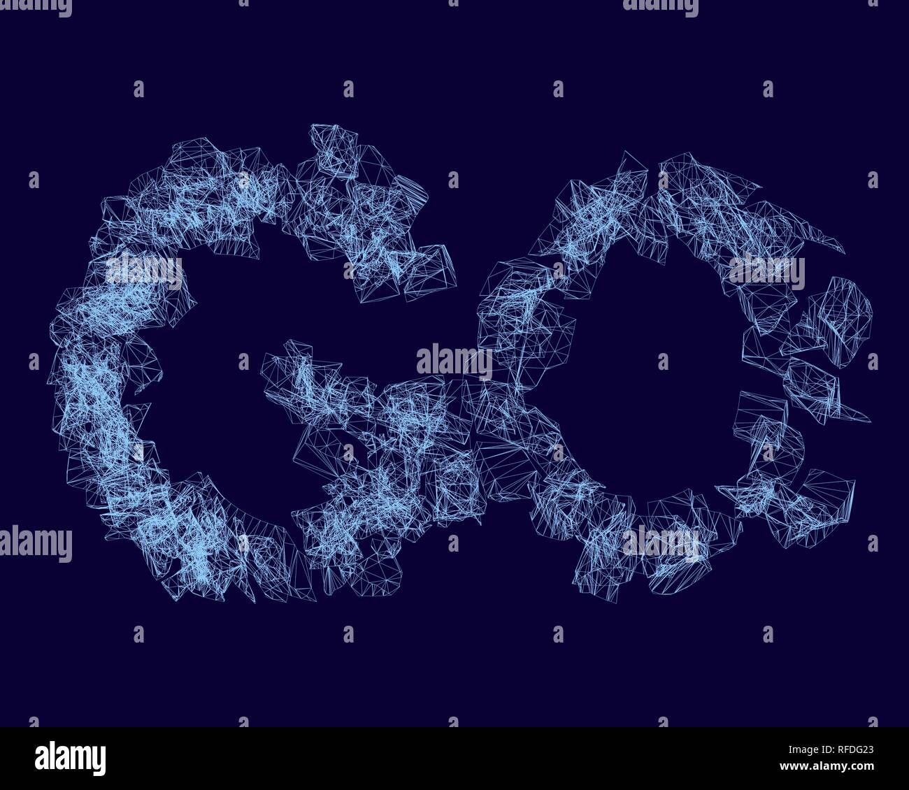 Background with the word GO. Wireframe word GO. 3D. Dark blue ...