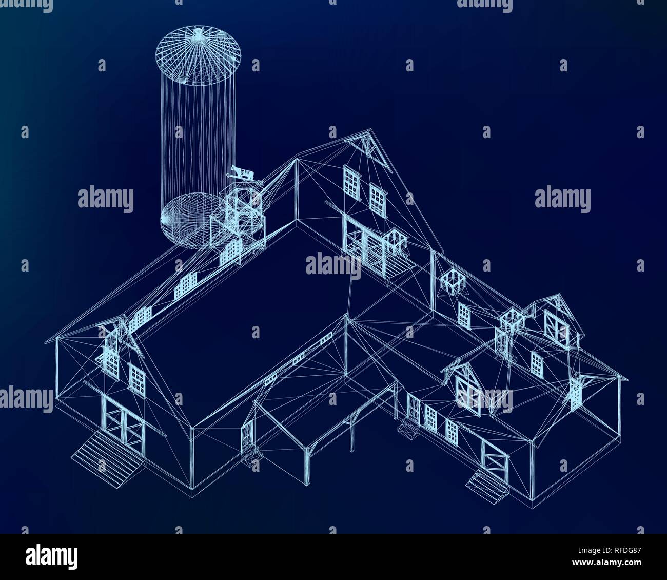 Building wireframe on a dark blue background. Model home project. 3D ...