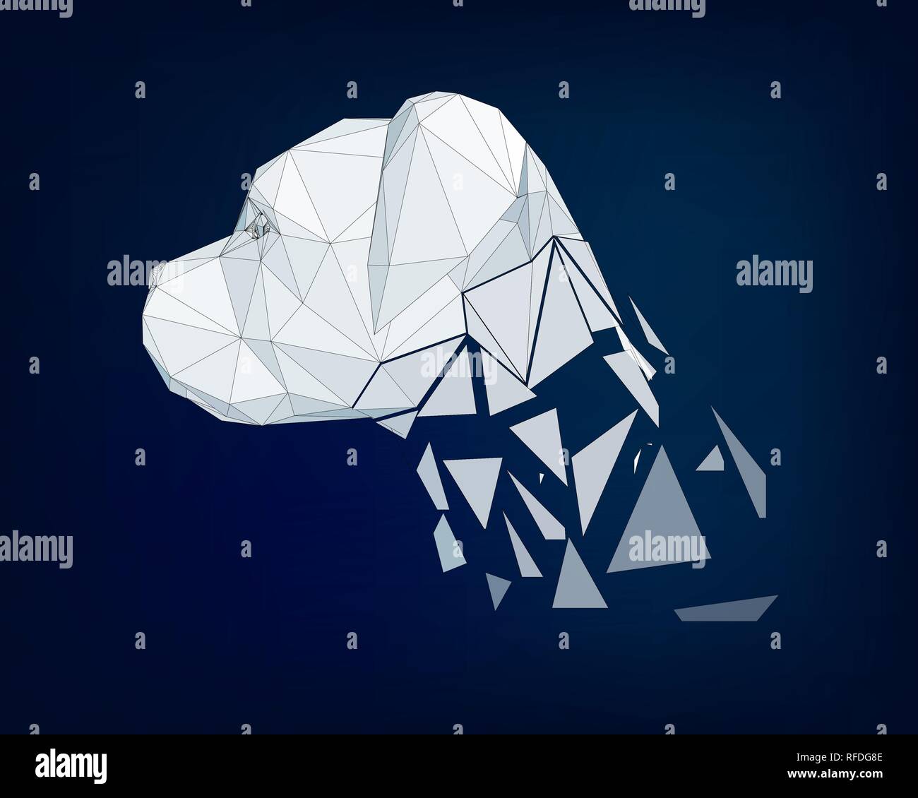 Polygonal dog head on the side. The head splits into polygons ...