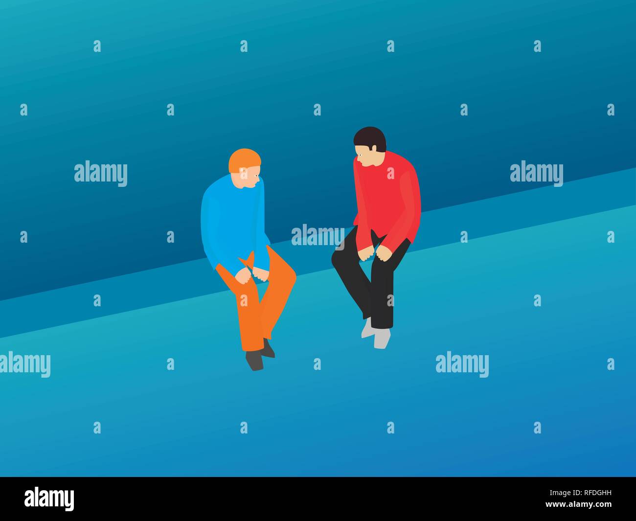 Two guys are sitting opposite each other on a blue background. Flat ...