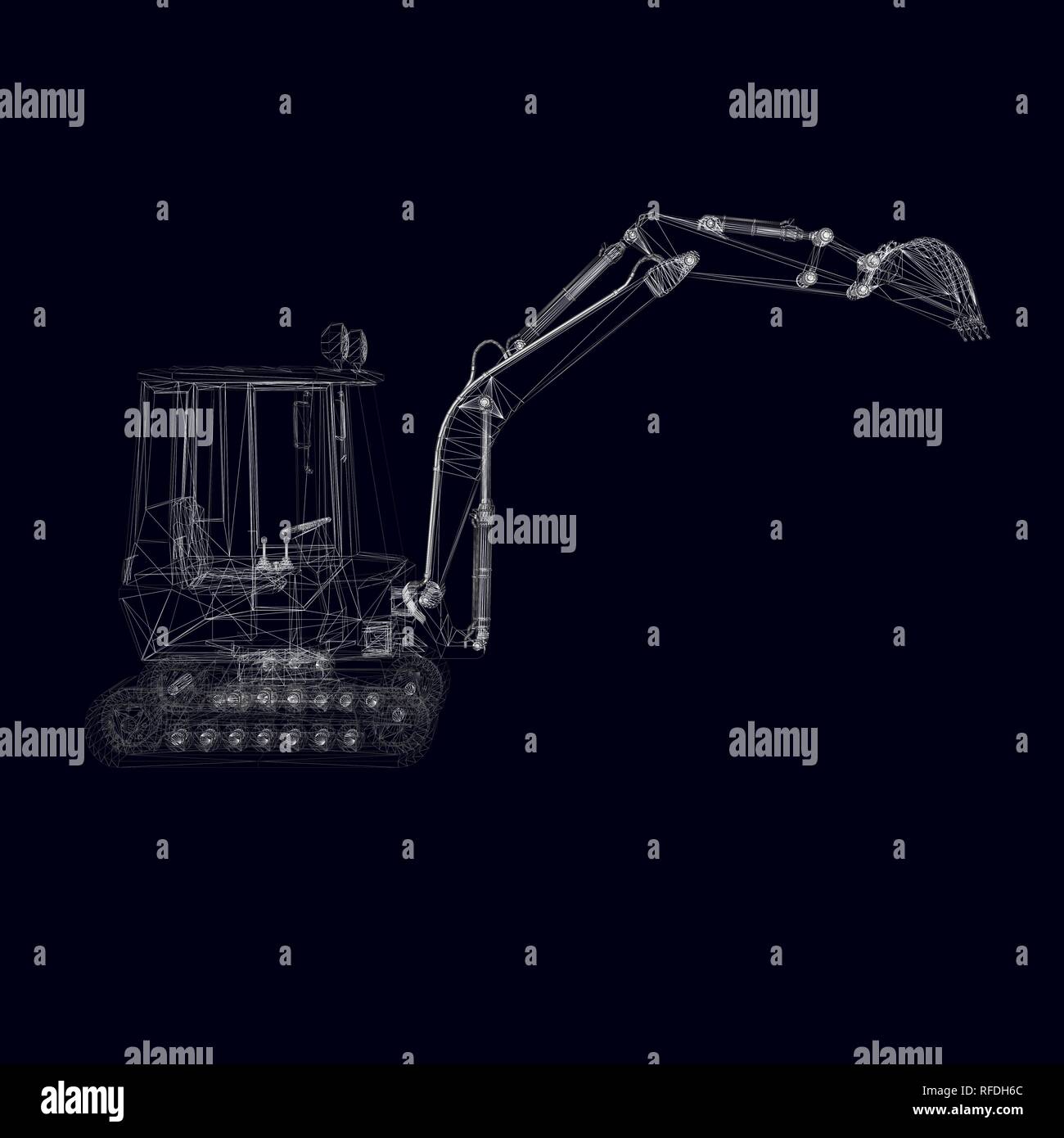 The wireframe of a small excavator. 3D. dark blue background. Vector ...