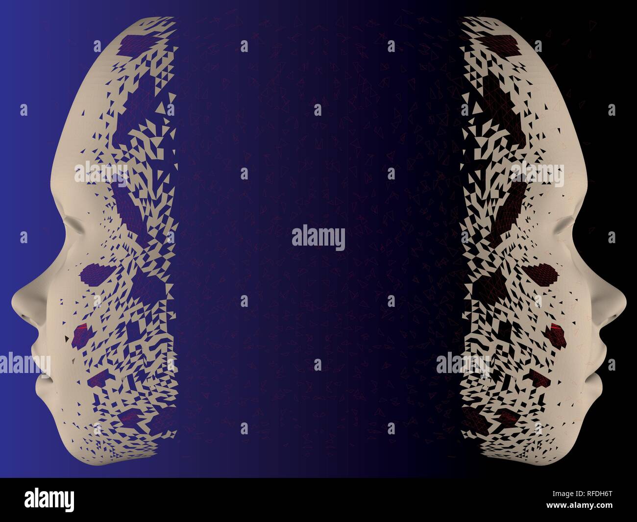 Background with polygonal broken faces. 3D. Side view. Persons with a ...