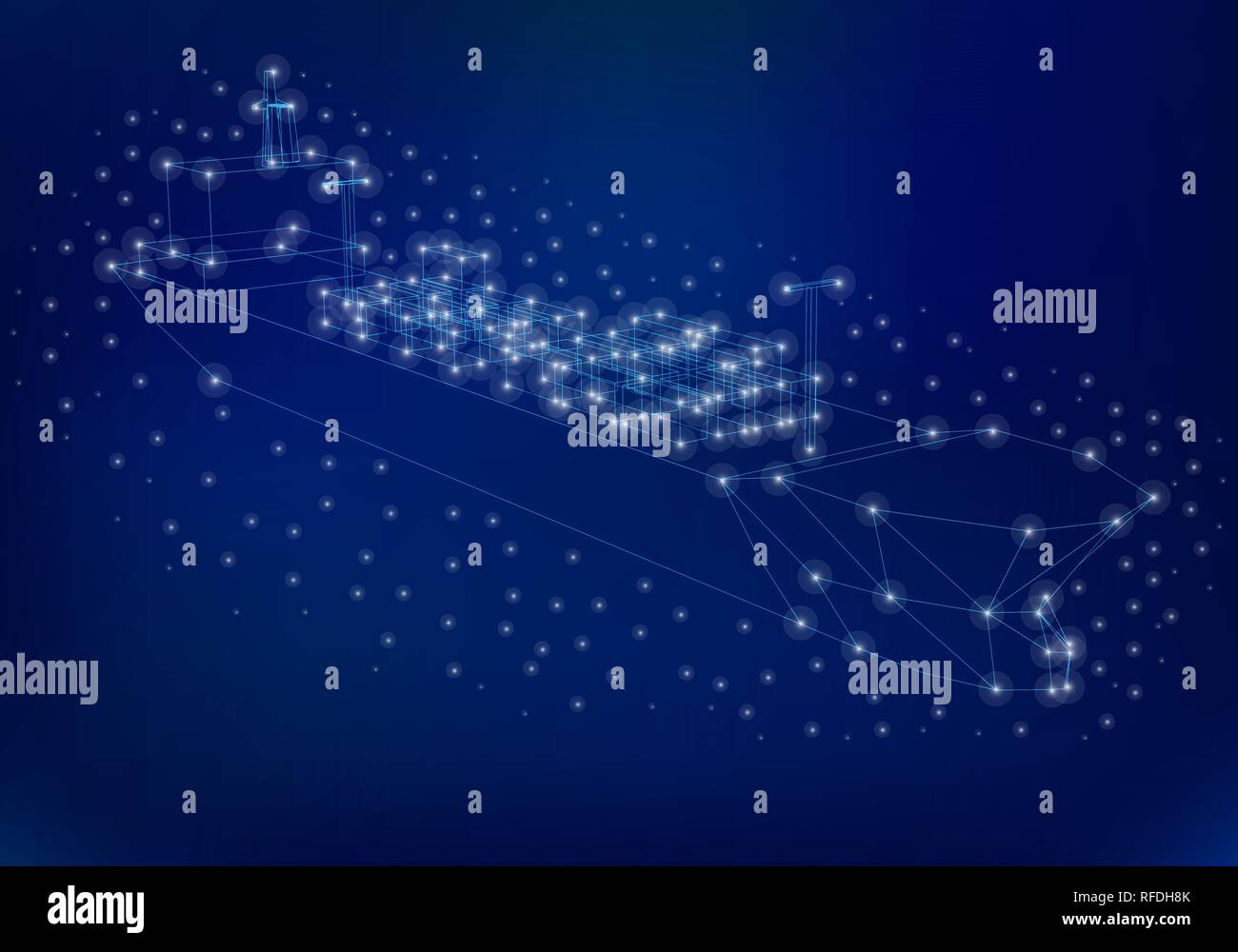 Polygonal Cargo Ship Wireframe With Containers The Contour Of The Ship With A Lot Of Glowing