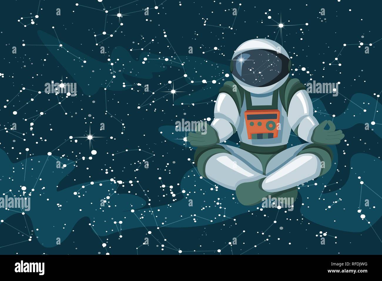 Astronaut sitting in lotus position, meditating, relaxing floating in ...