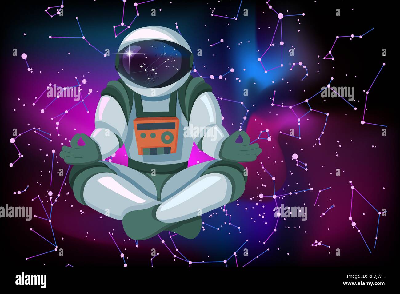 Astronaut sitting in lotus position, meditating, relaxing floating in ...