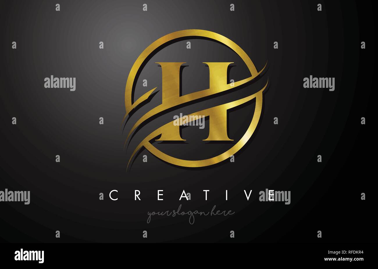 H Golden Letter Logo Design with Circle Swoosh and Gold Metal Texture ...