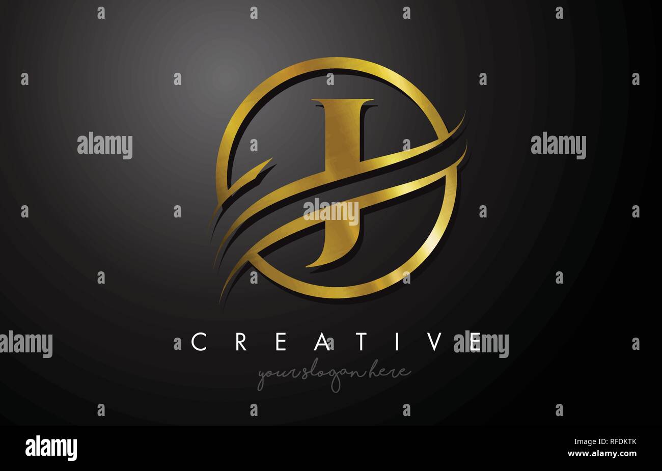 J Golden Letter Logo Design with Circle Swoosh and Gold Metal Texture ...