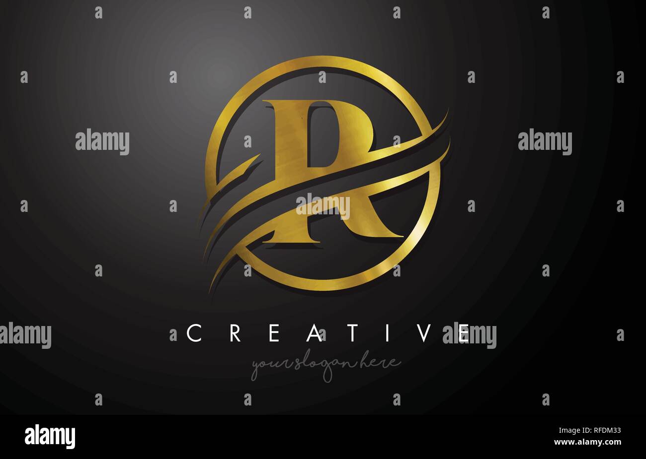 R Golden Letter Logo Design with Circle Swoosh and Gold Metal Texture ...