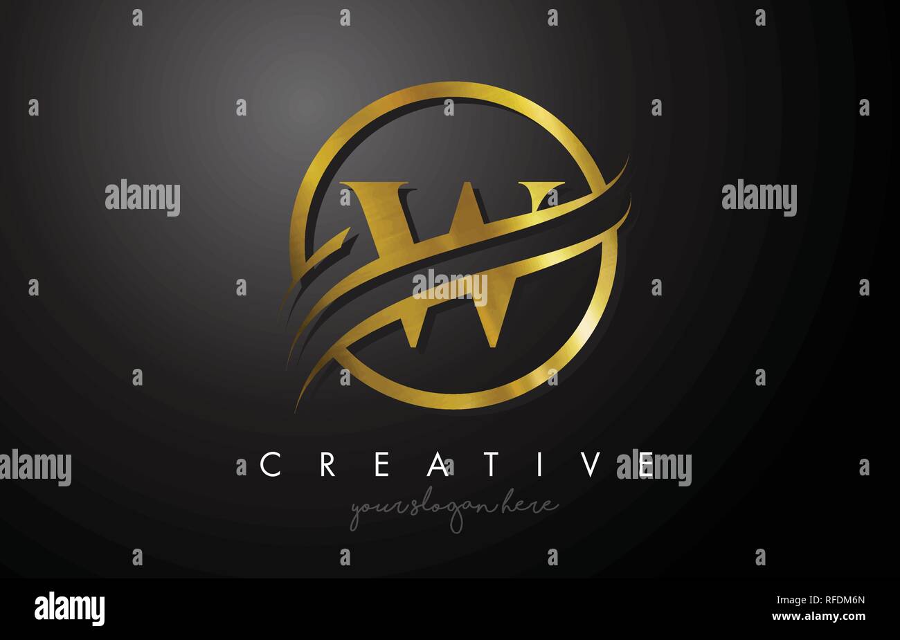 W Golden Letter Logo Design with Circle Swoosh and Gold Metal Texture ...