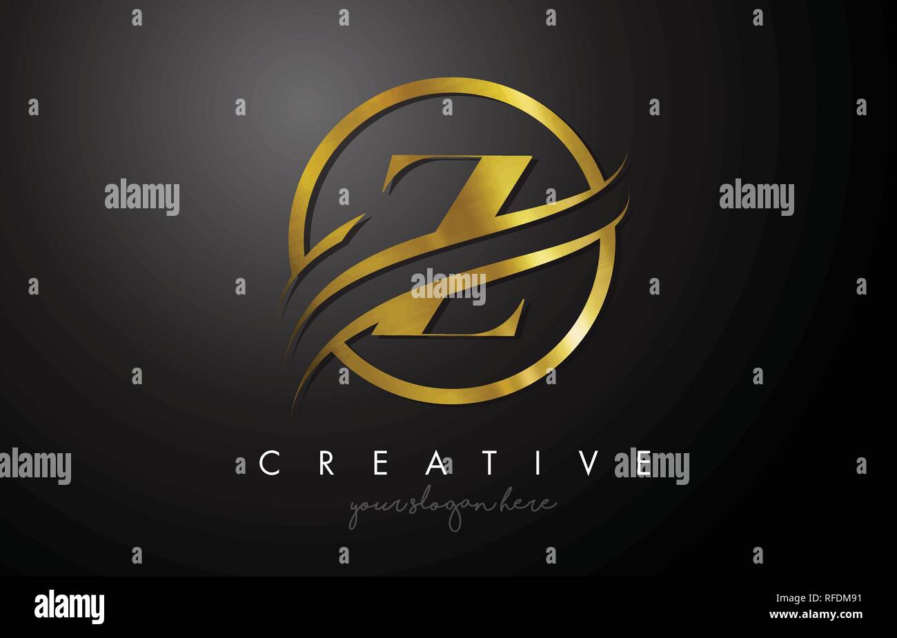 Z Golden Letter Logo Design with Circle Swoosh and Gold Metal Texture ...