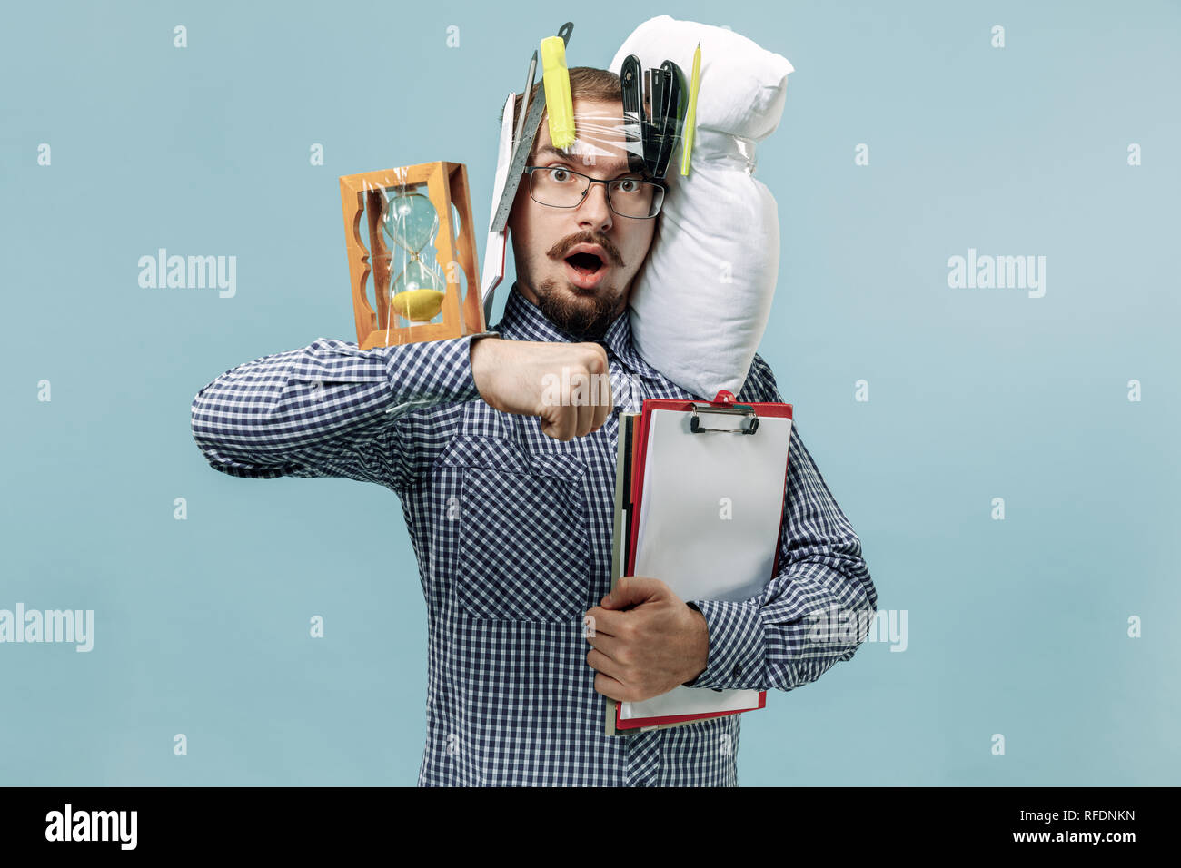 Tired scared man sleeping at home or office having too much work. Bored ...