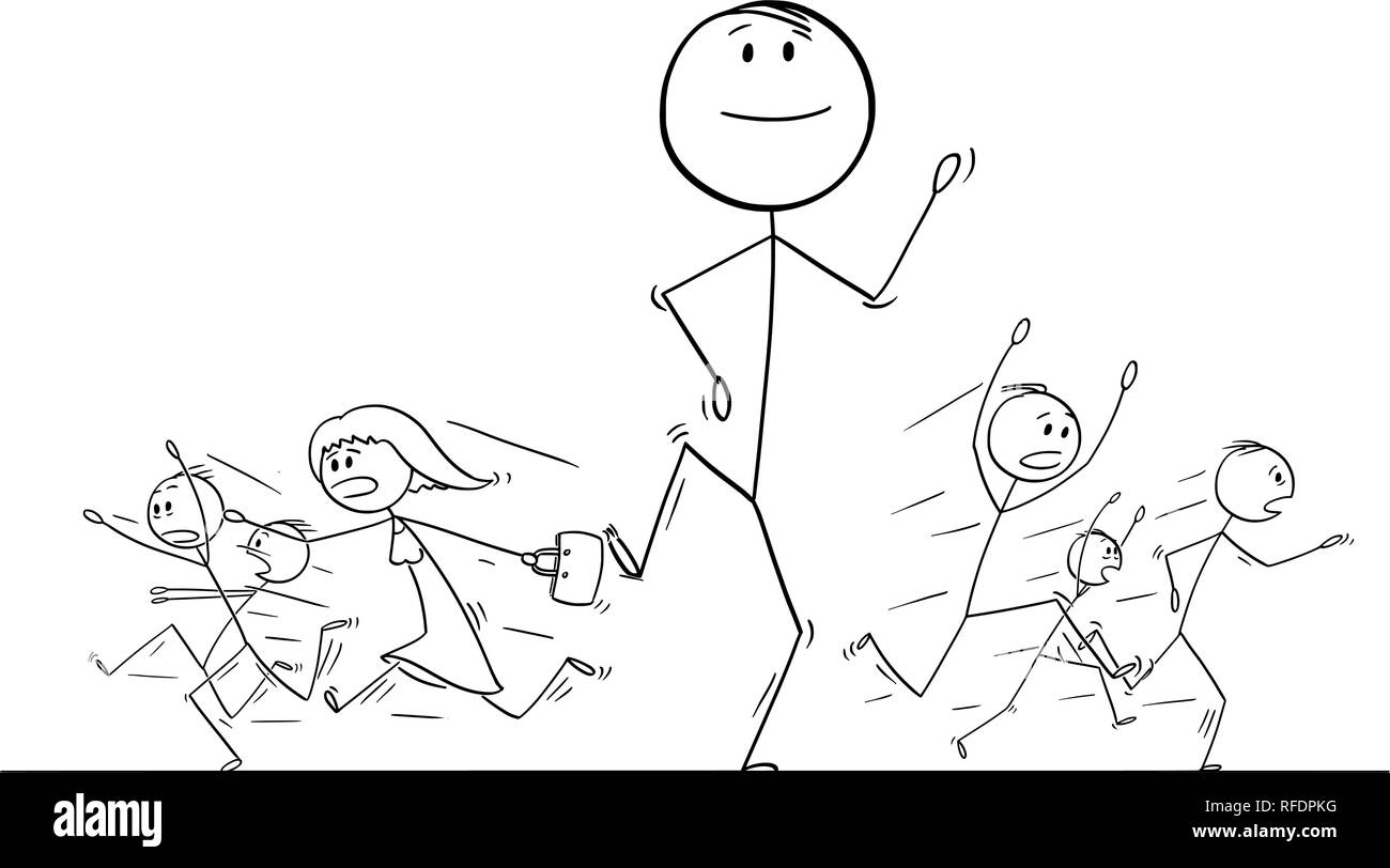 Cartoon Drawing of Crowd of People Running in Panic Away From Giant Man ...