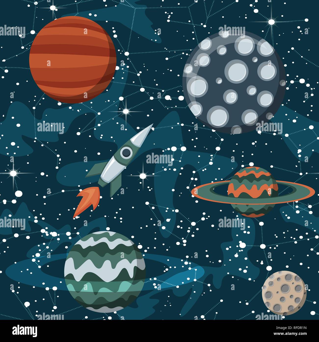Comic space with planets and spaceships. Rocket cartoon, star and ...