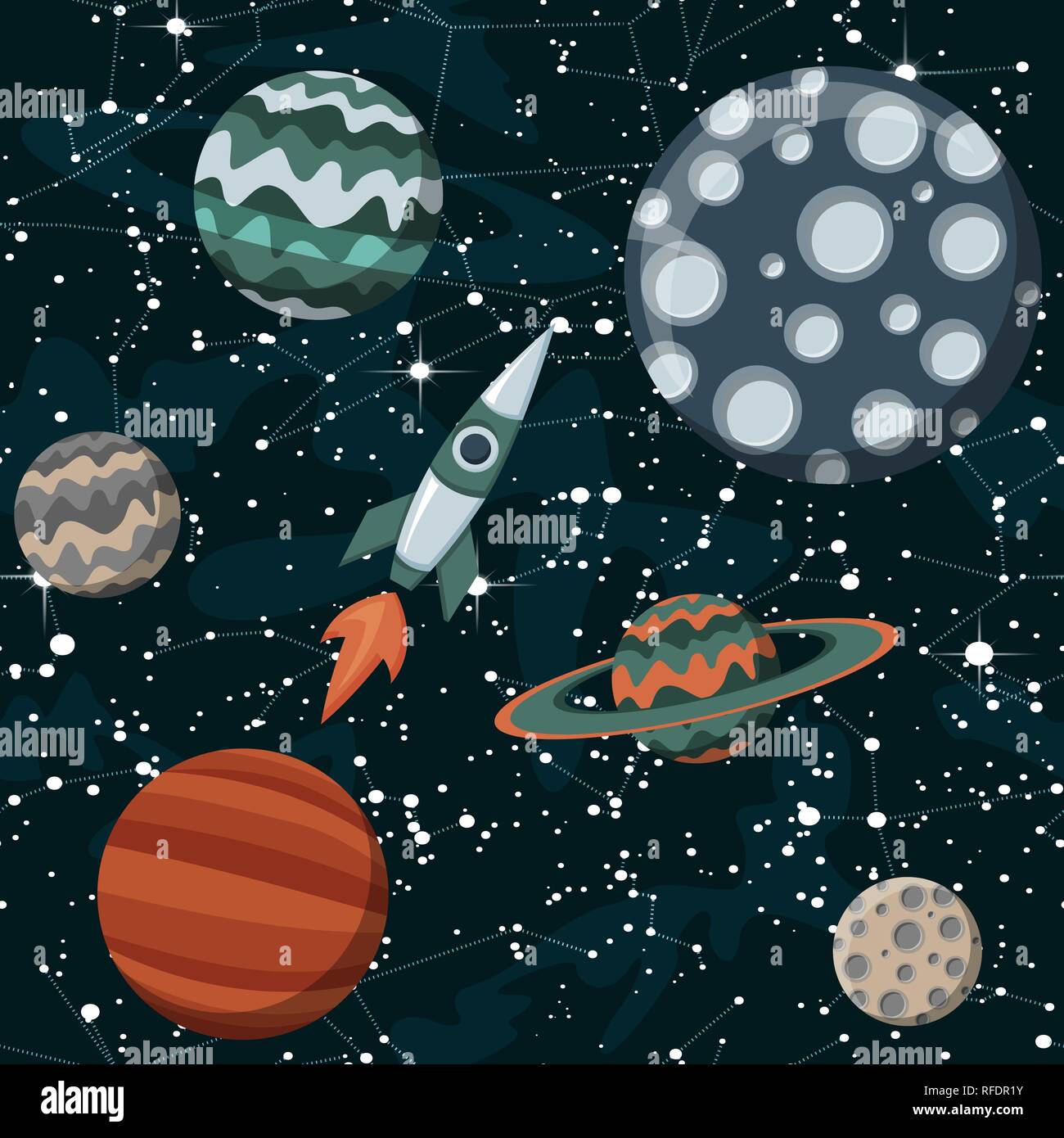 Comic space with planets and spaceships. Rocket cartoon, star and ...