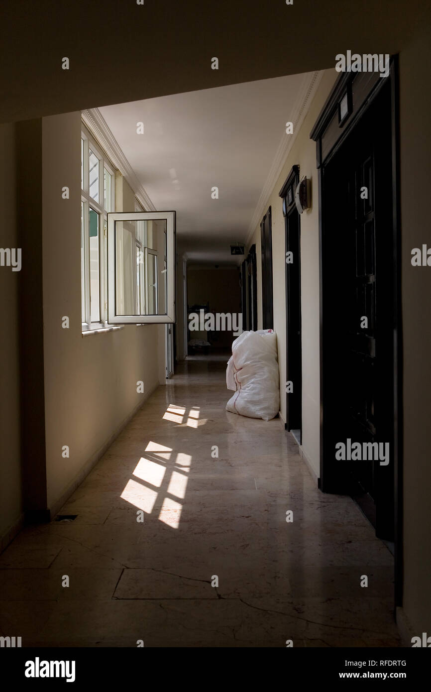 Long corridor and open window. The interior of the hotel Stock Photo ...