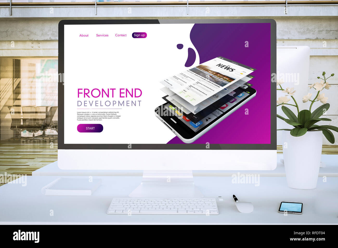 front end screen computer at office mockup 3d rendering Stock Photo - Alamy
