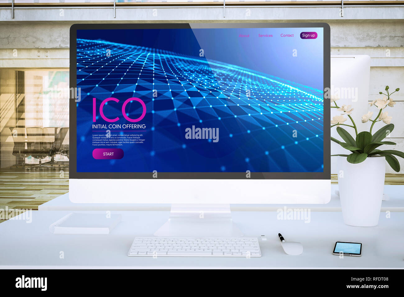 ICO initial coin offering screen computer at office mockup 3d rendering ...