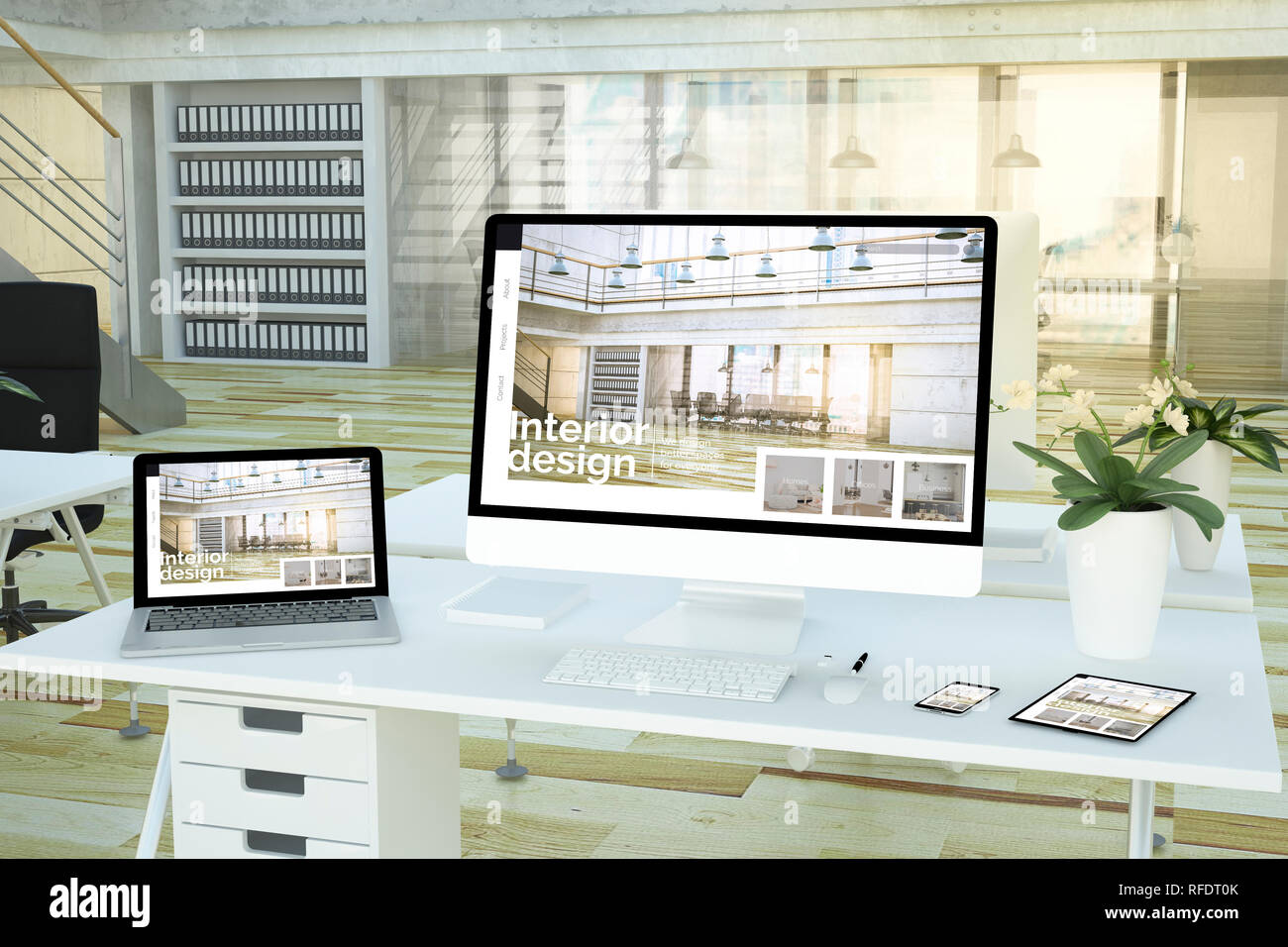 responsive devices interior design studio 3d rendering Stock Photo - Alamy