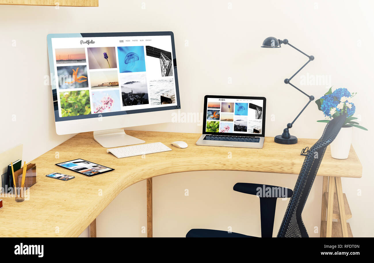 responsive devices on desktop corner showing online portfolio website ...