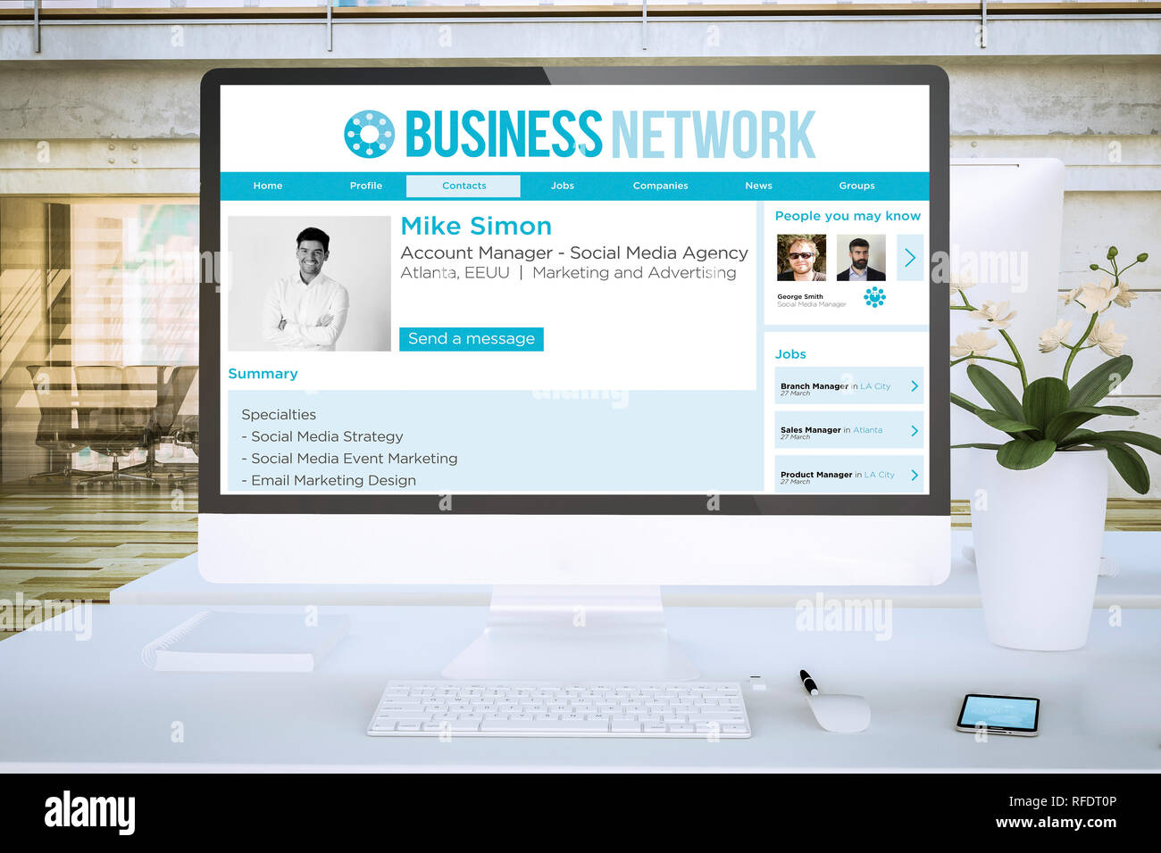 business network screen computer at office mockup 3d rendering Stock ...