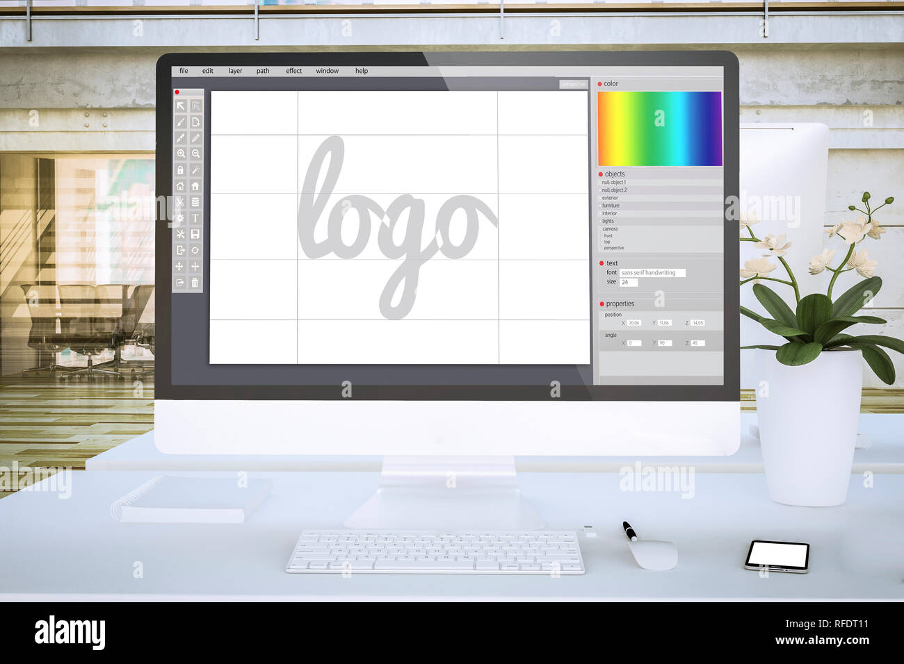 graphic design screen computer at office mockup 3d rendering Stock ...
