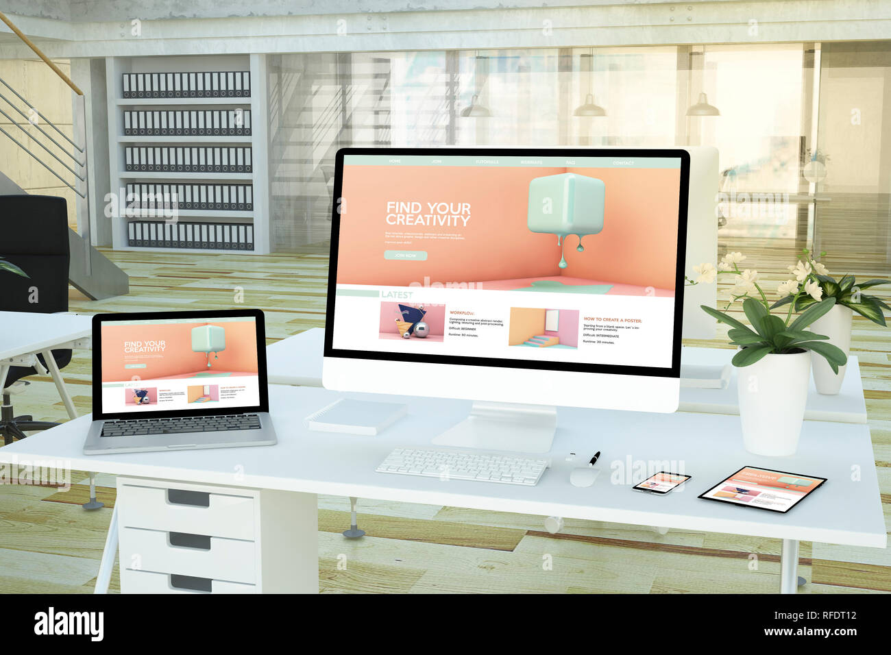 responsive devices creativity tutorials studio 3d rendering Stock Photo - Alamy