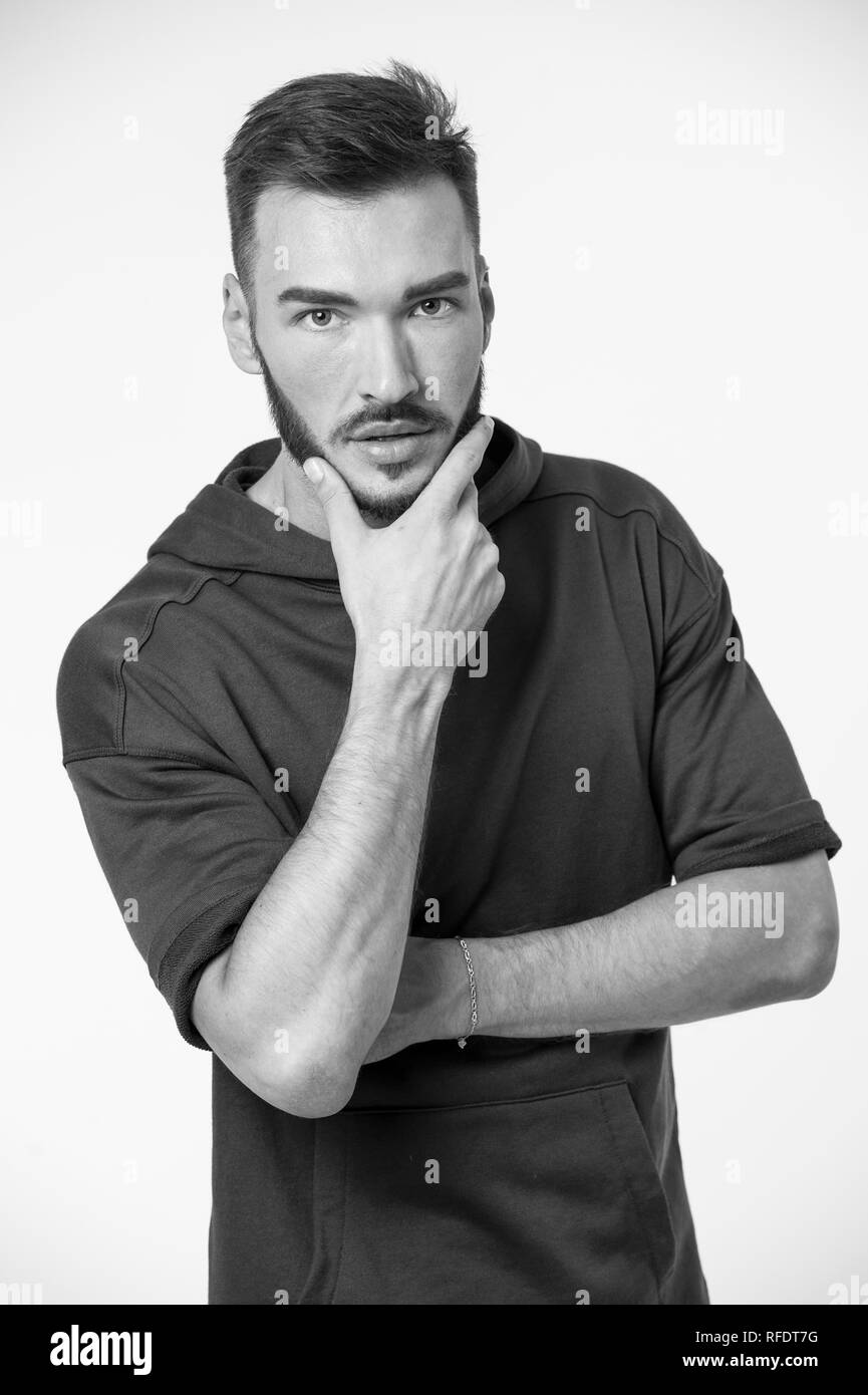 Grooming concept. Man touch beard on unshaven face, grooming. Hair and ...