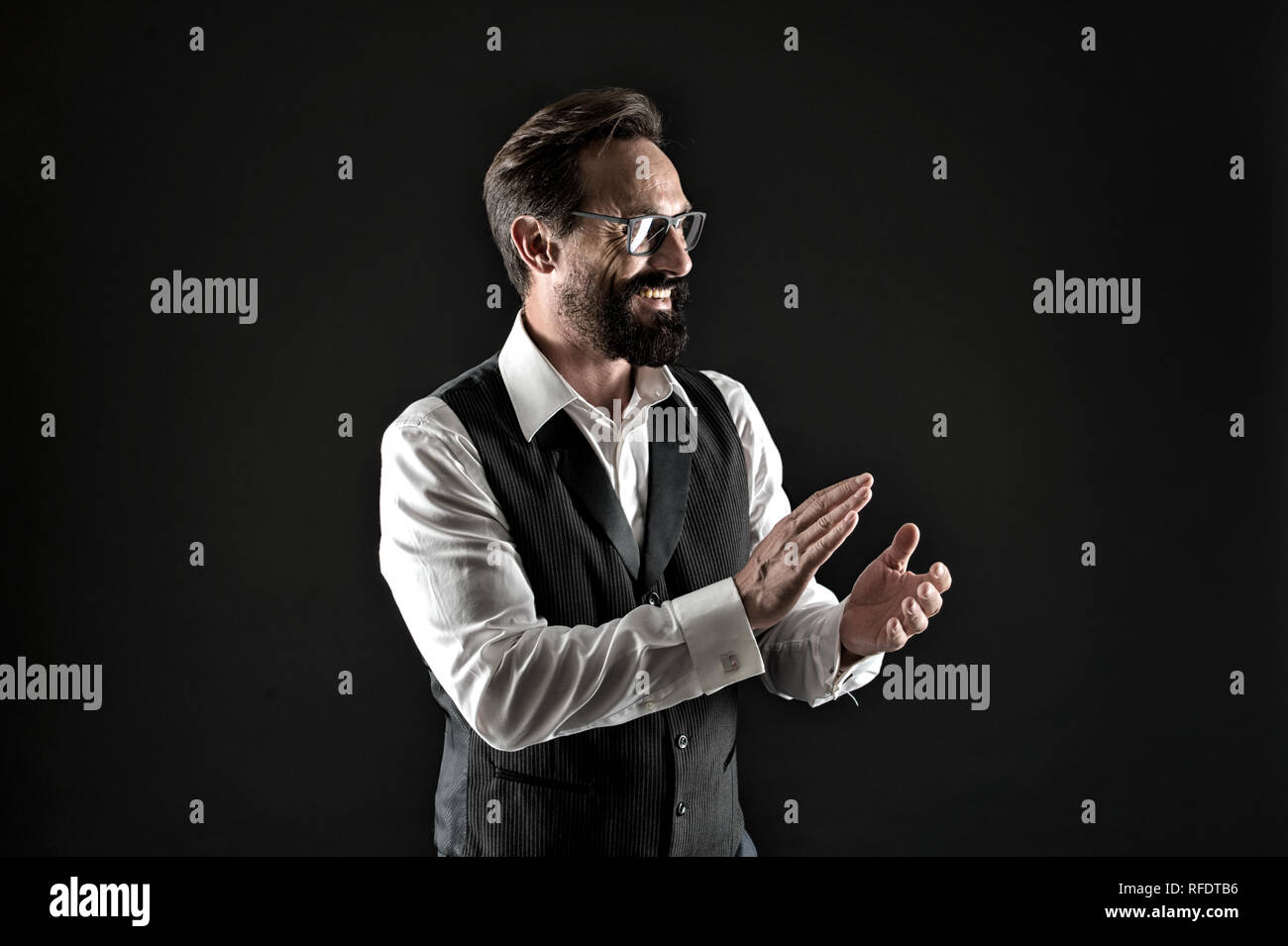 Bravo applause. Man well groomed elegant formal suit clap hands ...