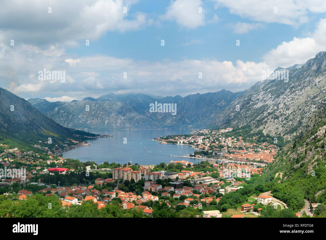Aerial view over Kotor and Kotor Bay surrounded by mountains, Unesco ...